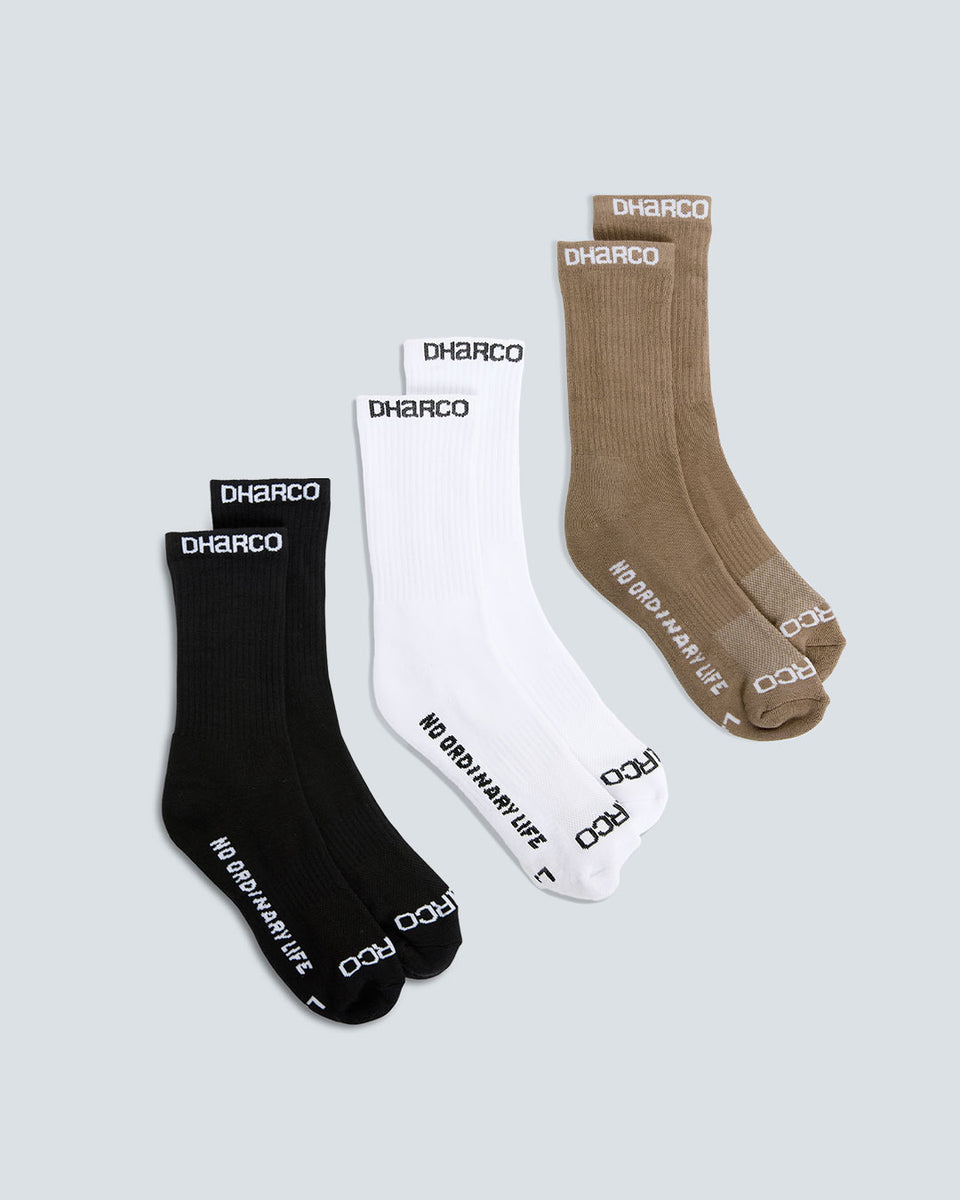 3 Pack: Black, White, Dust | Crew Socks – DHaRCO Clothing